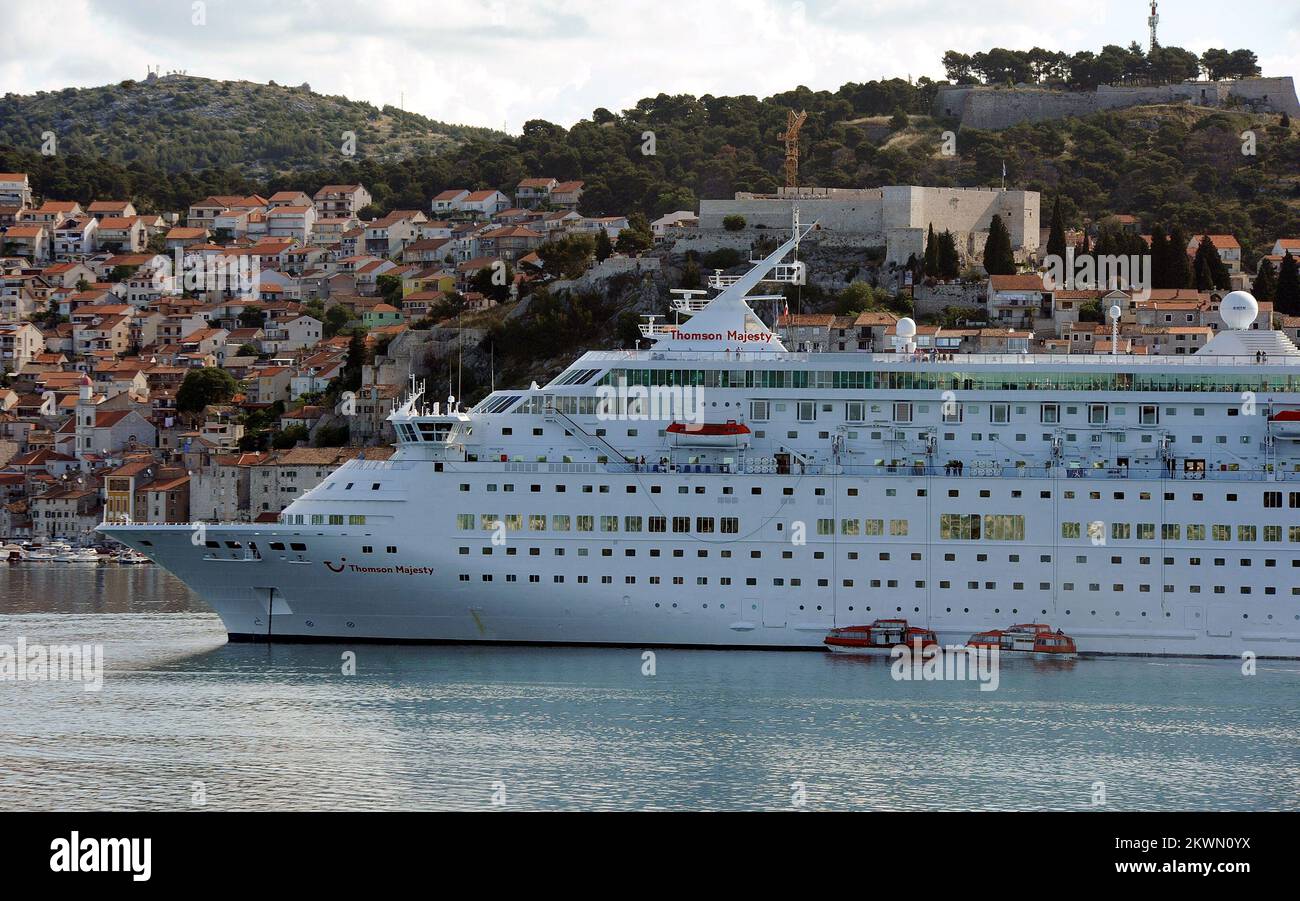 The British Cruise ship Thomson Majesty is seen anchored in front of ...