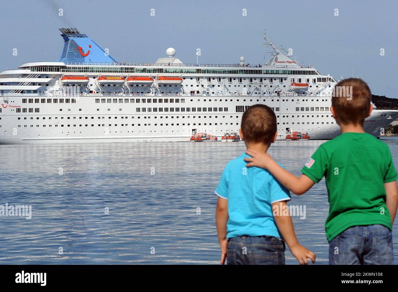 The British Cruise ship Thomson Majesty is seen anchored in front of ...