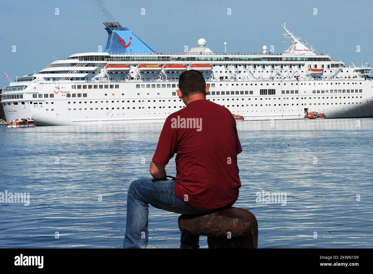 The British Cruise ship Thomson Majesty is seen anchored in front of ...