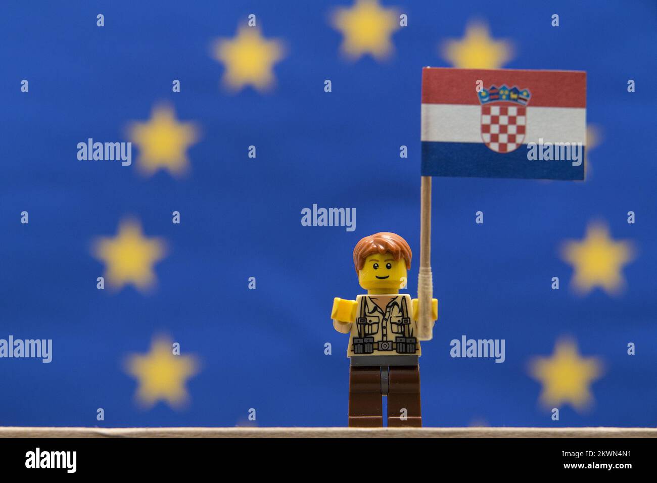 23.06.2013: Zagreb, Croatia: Lego figure holding Croatian flag and ...