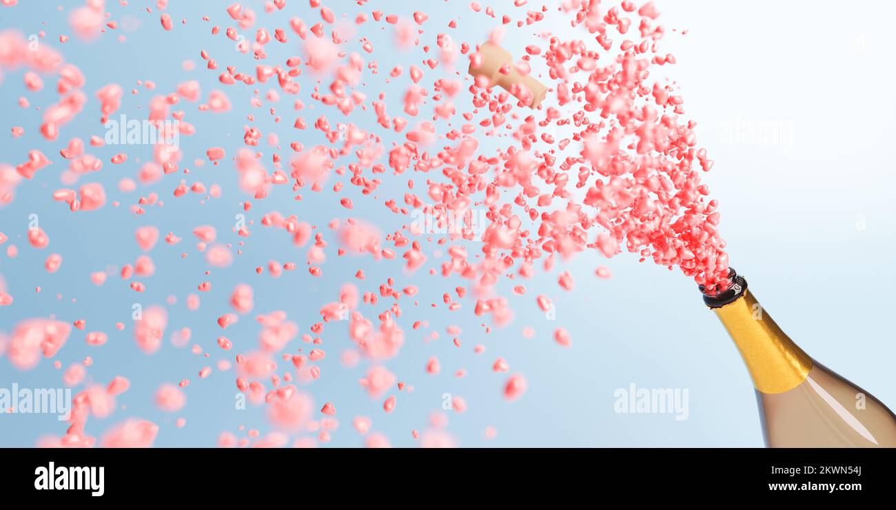 3d rendering of a champagne bottle exploding with red heart-shaped ...