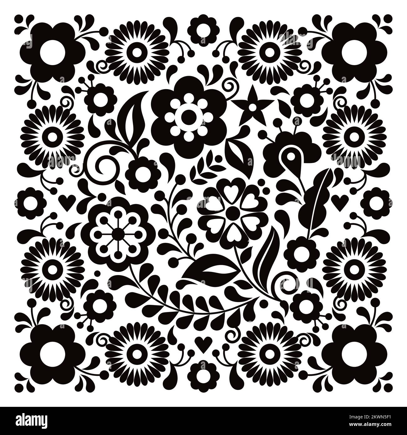 Mexican folk art style vector black floral pattern in sqaure , greeting ...