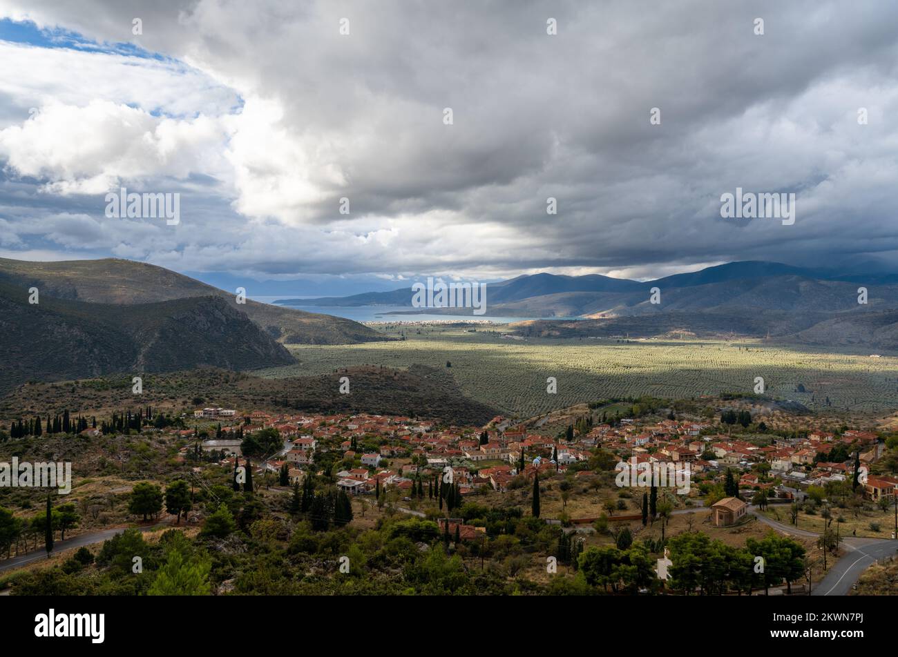 A view of the village of Chrisso and the Crissaean Gulf in Central ...
