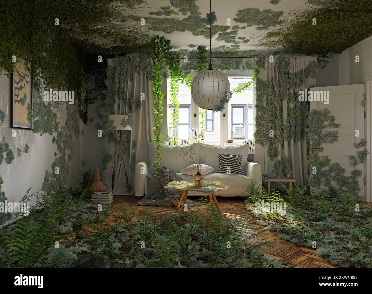 Overgrown living interior . Theme of vegetation, nature and eco design ...
