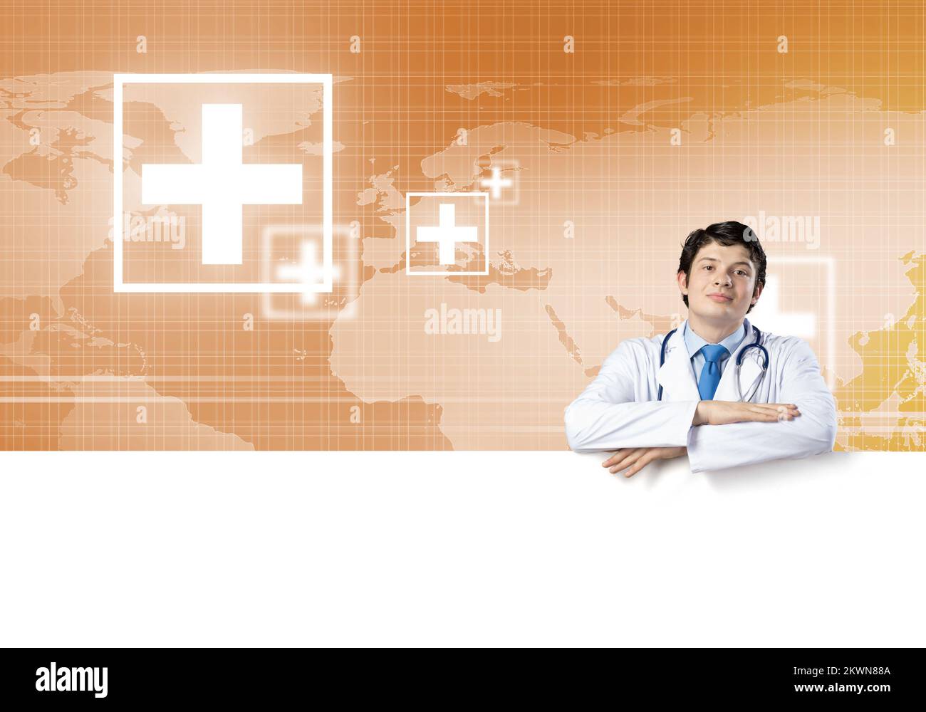 Doctor with banner Stock Photo - Alamy