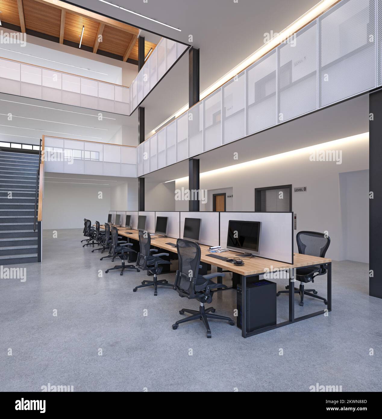 Modern office with open space. 3D Render Stock Photo - Alamy