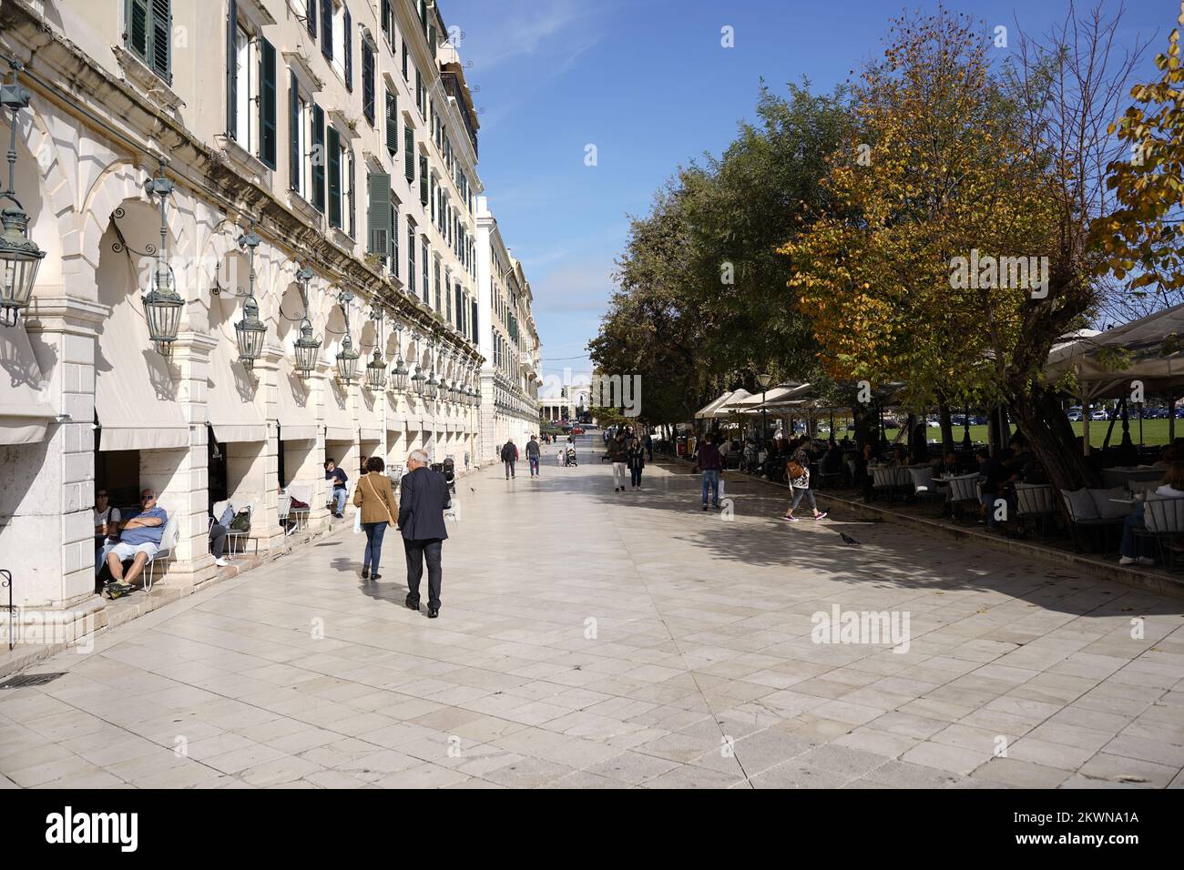 Corfu Island Greece, Liston Square Old Town With People Walkin On ...