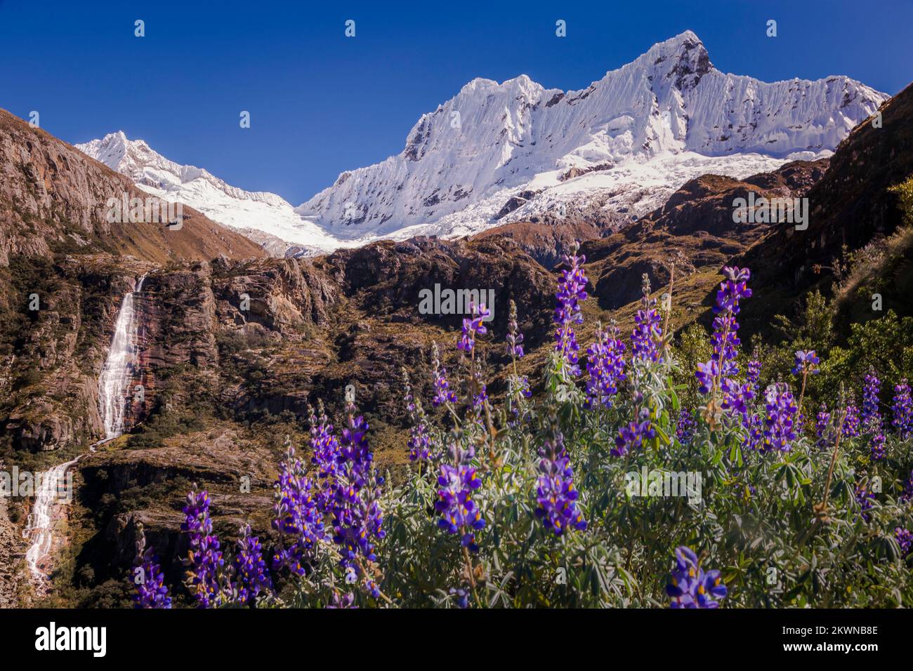 Waterfall and Huascaran massif in Cordillera Blanca, snowcapped Andes ...