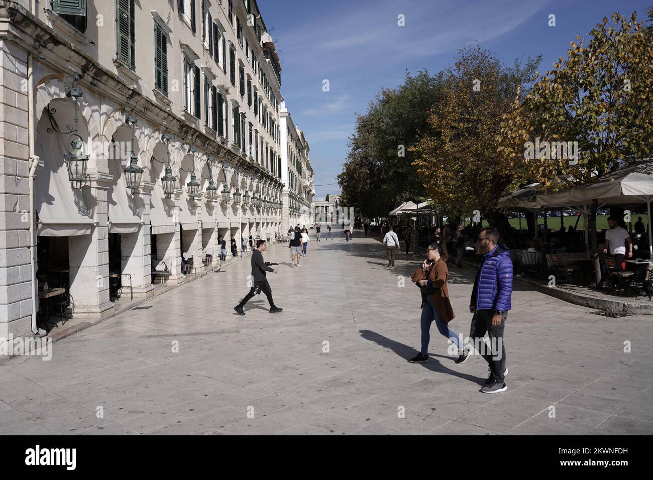 Corfu Island Greece, Liston Square Old Town With People Walkin On ...