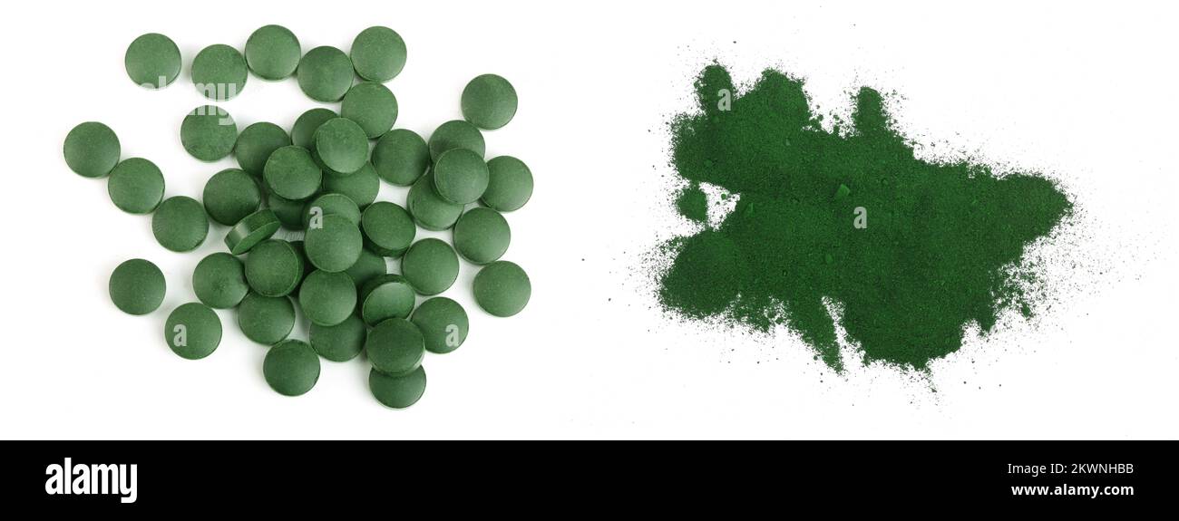 Spirulina algae powder and pills isolated on white background. Top view ...