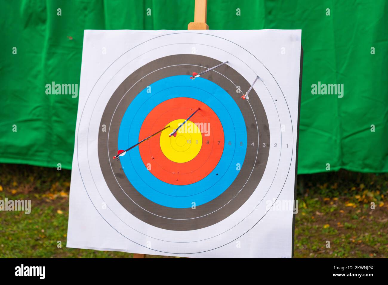 Archery target with several stuck arrows on a green background Stock ...