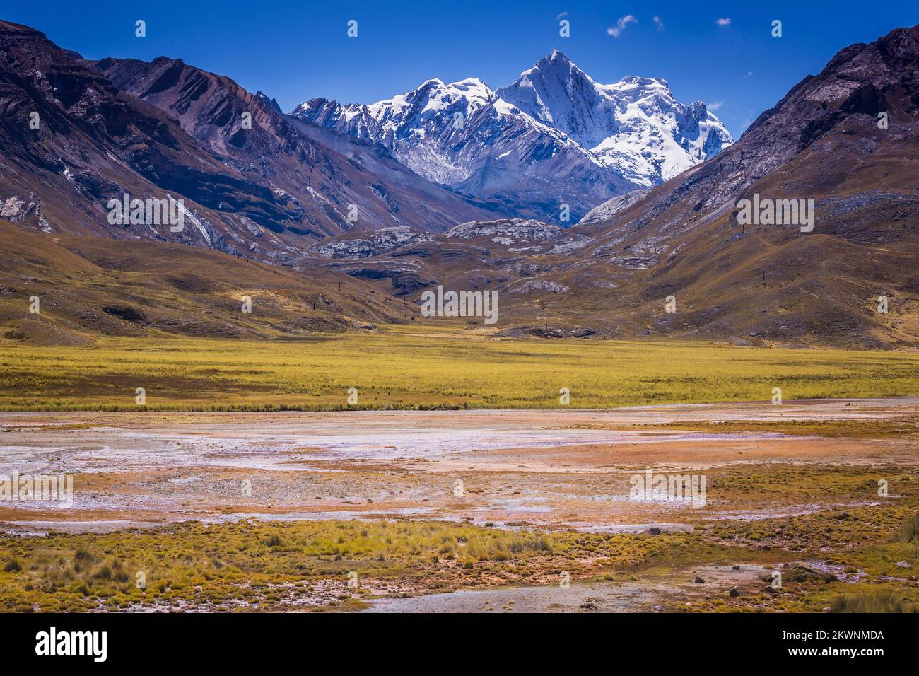 Secluded lake in Cordillera Blanca, snowcapped Andes, Ancash, Peru ...