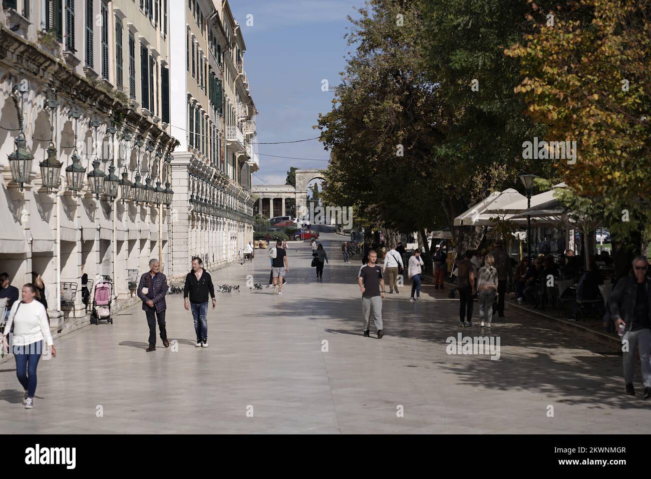 Corfu Island Greece, Liston Square Old Town With People Walkin On ...