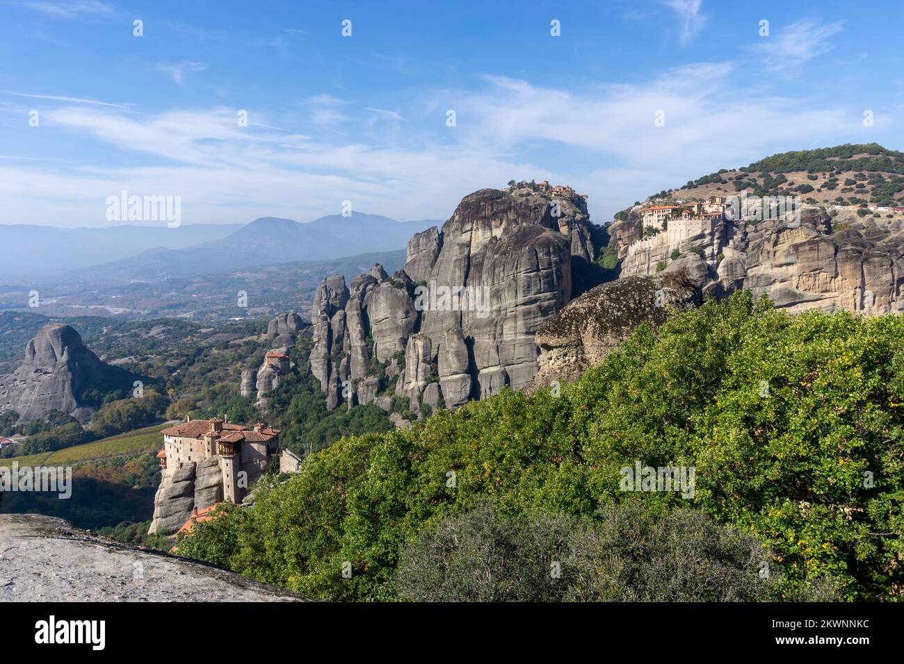 landscape view of the Meteora rock formations with the Saint Nikolaos ...