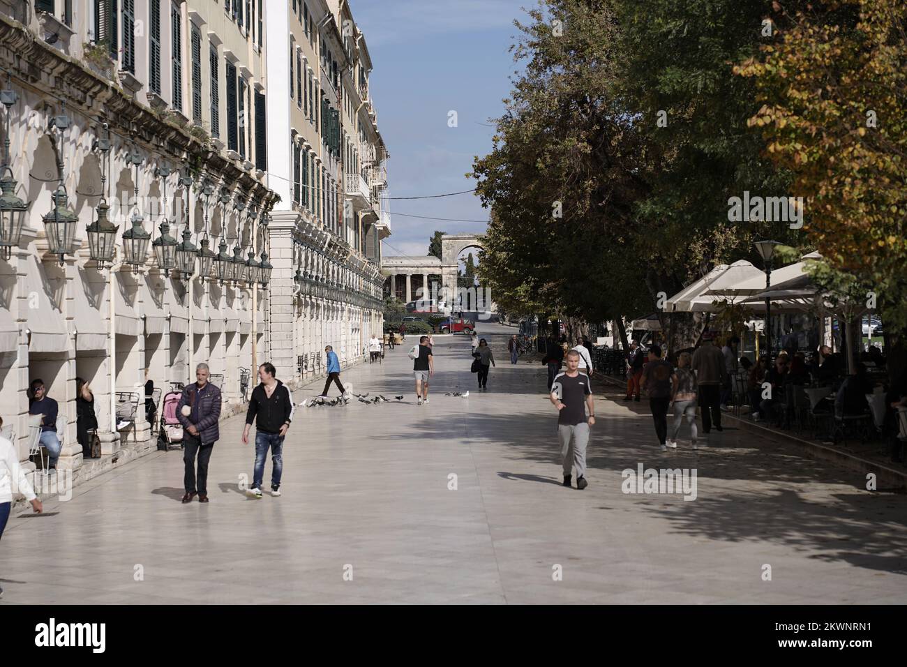 Corfu Island Greece, Liston Square Old Town With People Walkin On ...