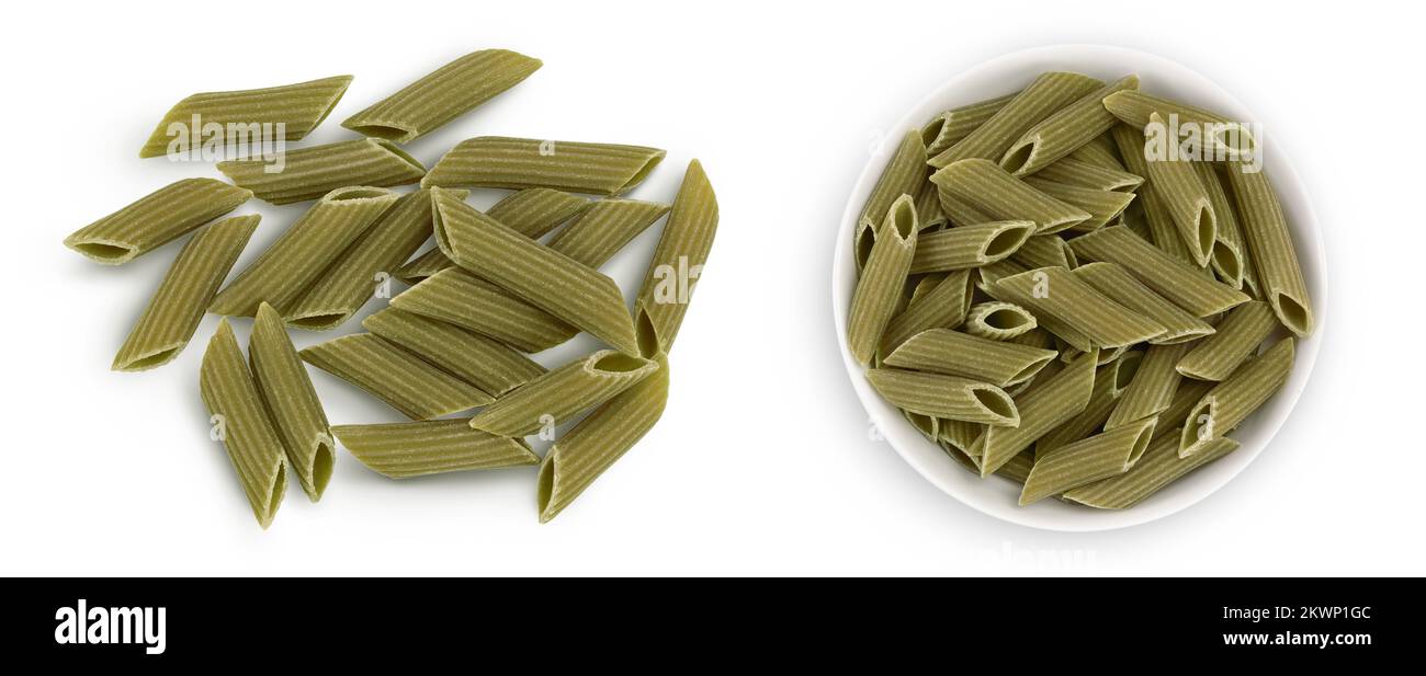 Green pea penne pasta isolated on white background. Organic food ...