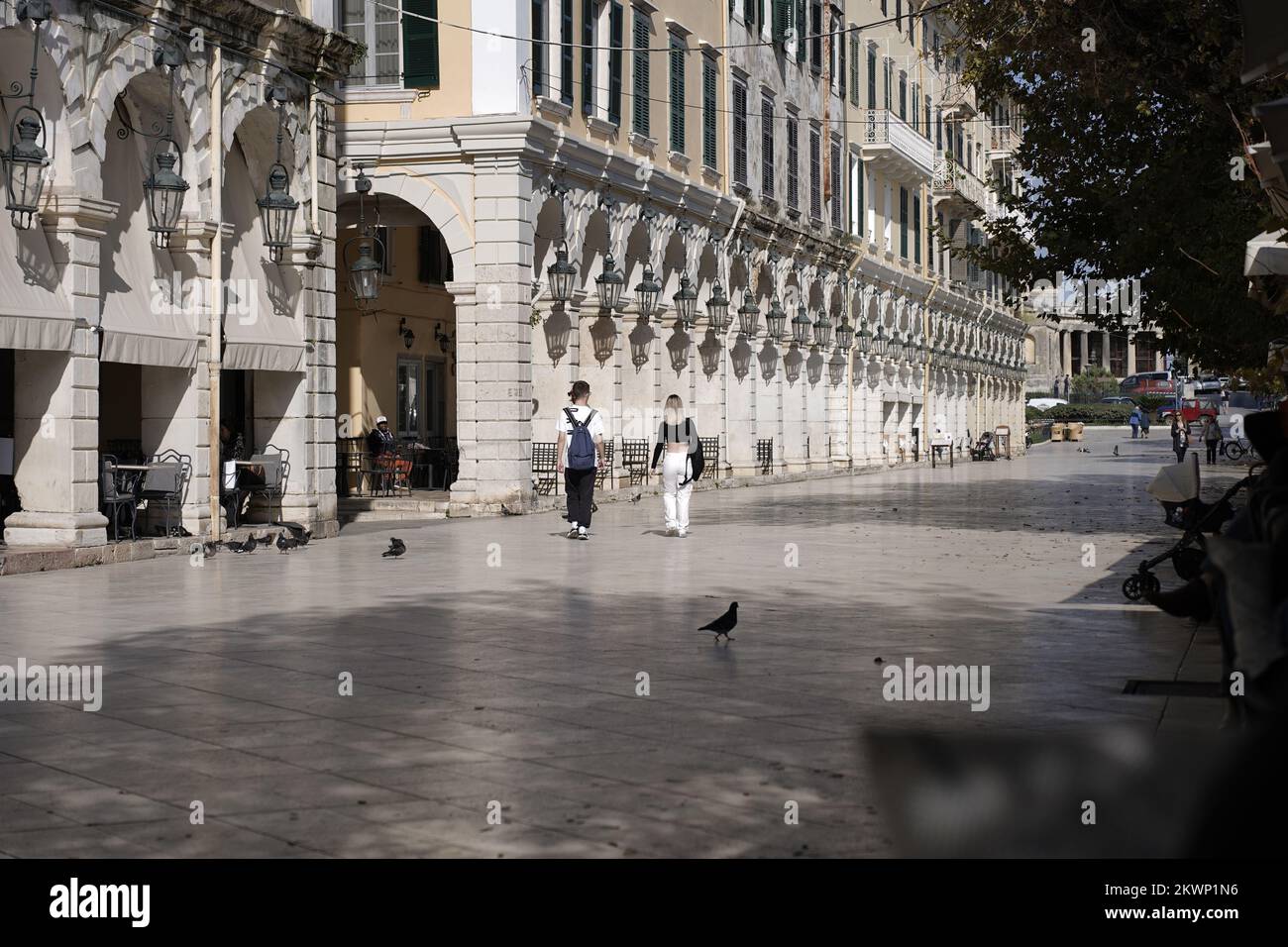 Corfu Island Greece, Liston Square Old Town With People Walkin On ...