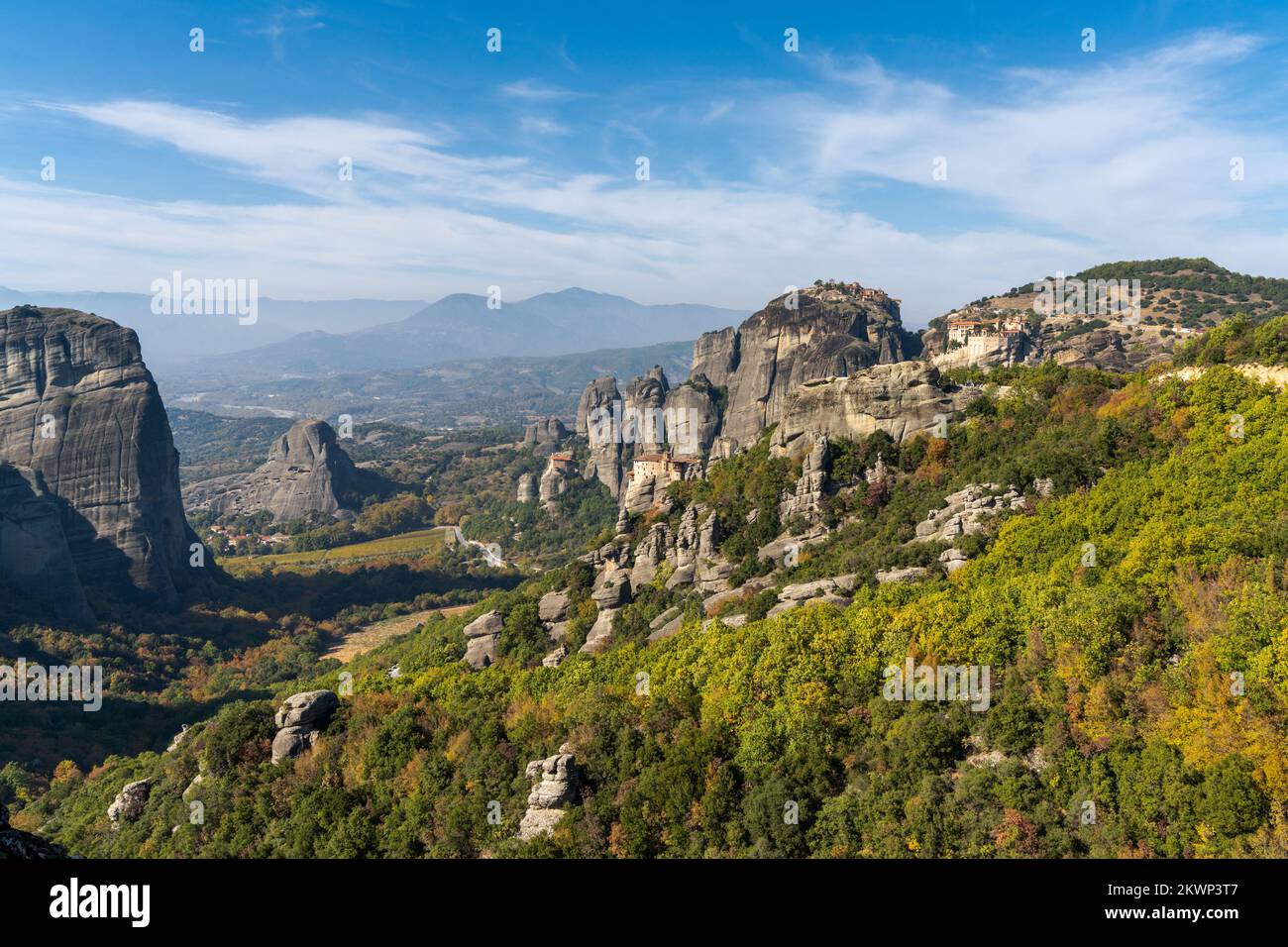 A landscape of the Meteora rock formations with the famous monasteries ...