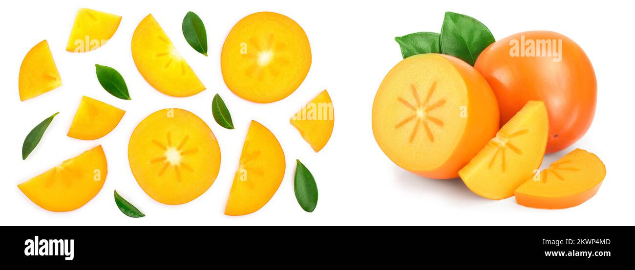 persimmon slice with leaves isolated on white background. Top view ...