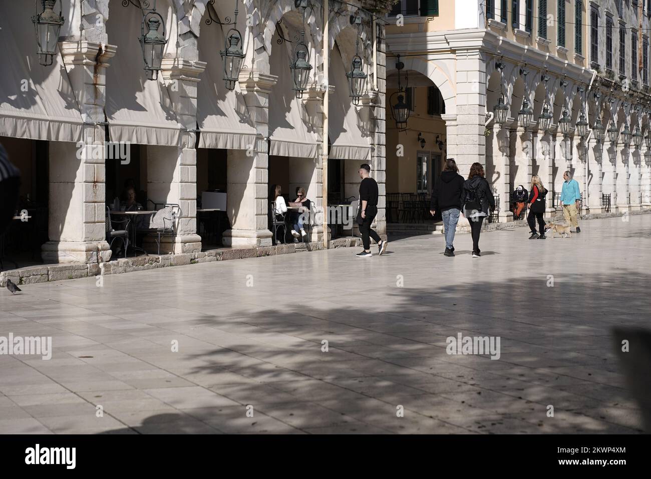 Corfu Island Greece, Liston Square Old Town With People Walkin On ...