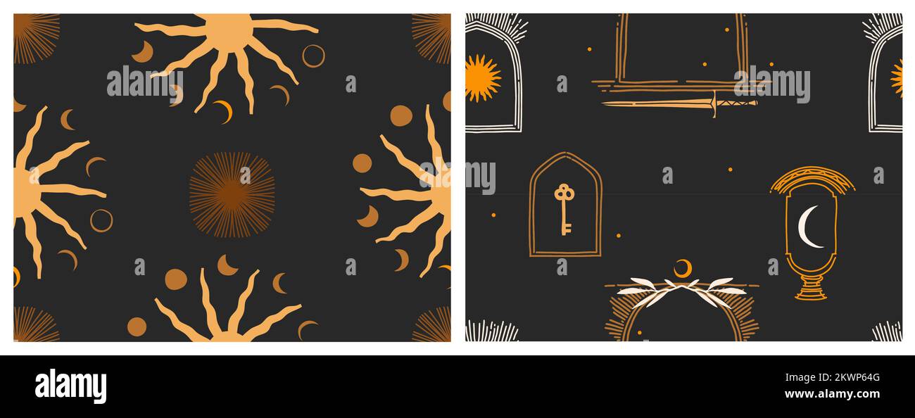 Vector abstract illustration seamless patterns set with magic celestial ...