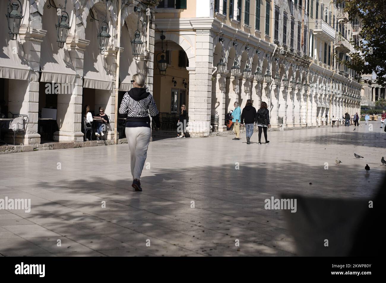 Corfu Island Greece, Liston Square Old Town With People Walkin On ...