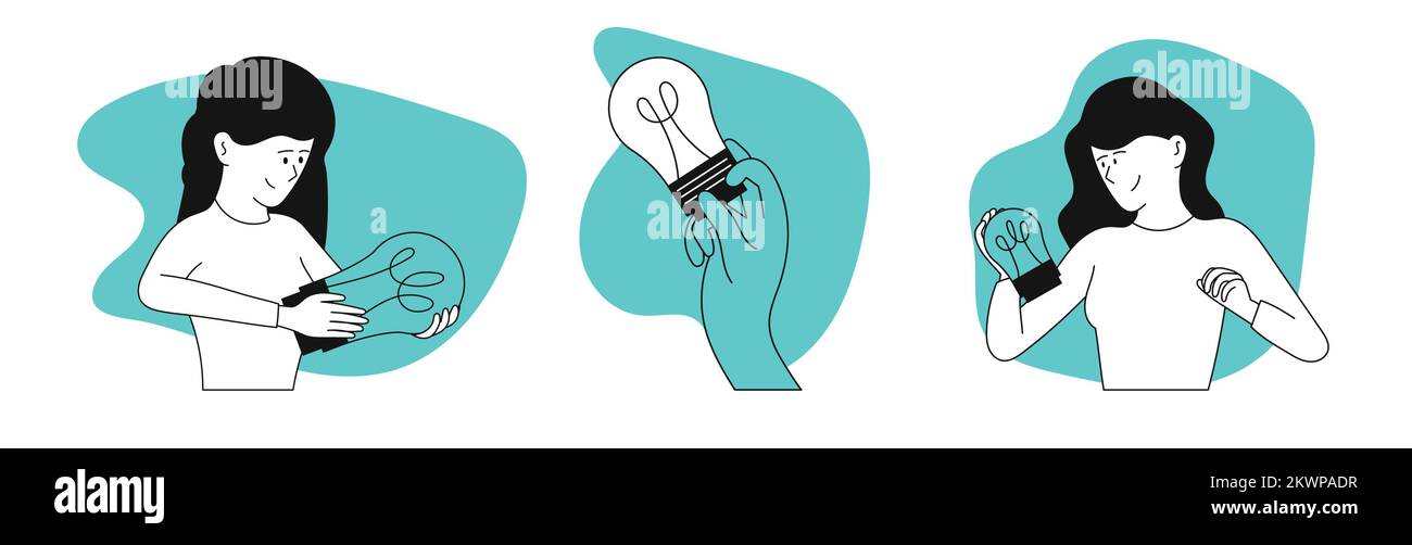 Woman holding light bulb and search business idea vector illustration ...