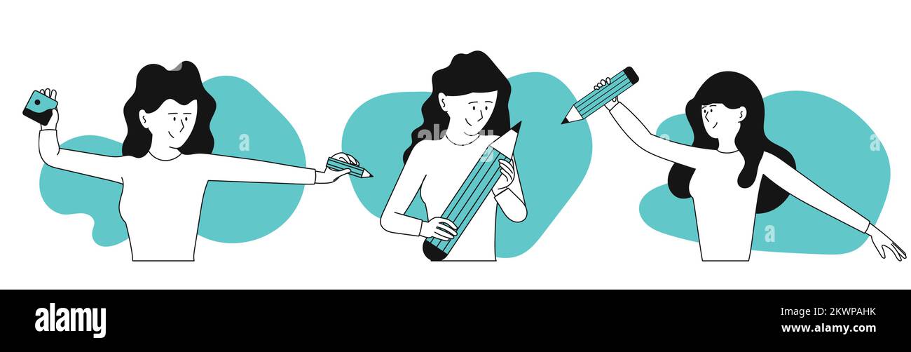 Woman designer with pencil vector concept illustration. Character ...