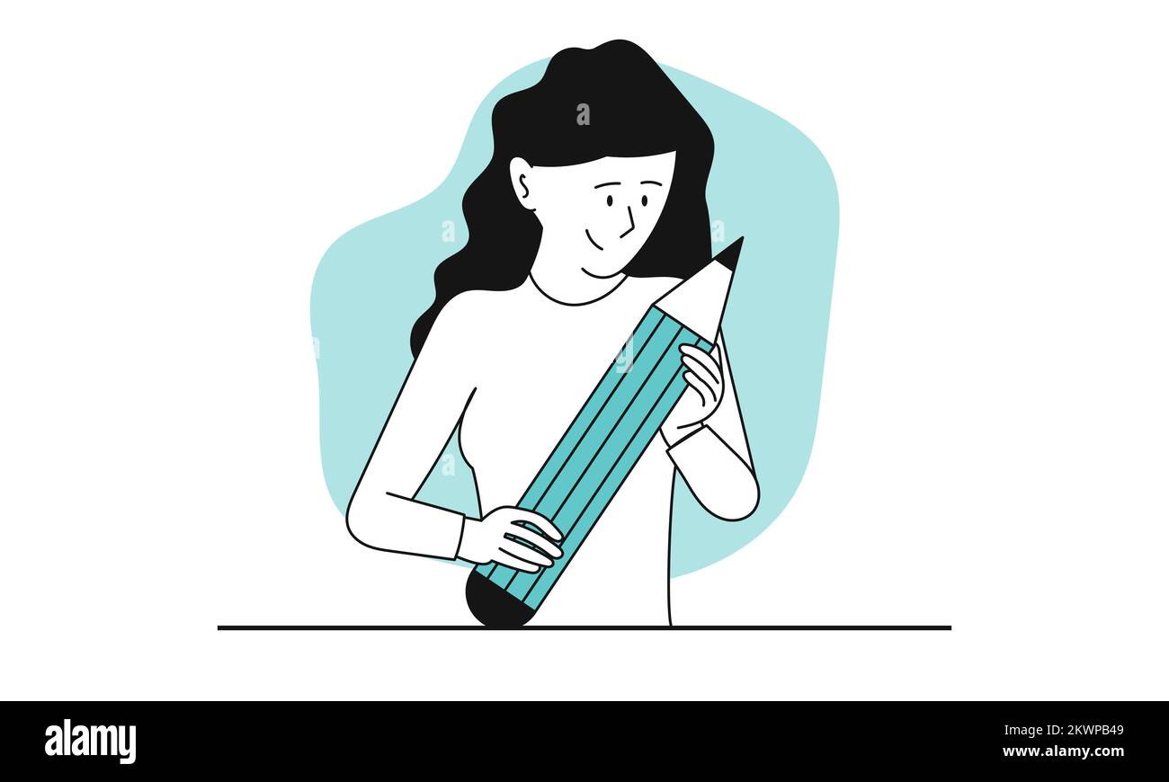 Girl artist with a pencil vector illustration concept. Happy cartoon ...