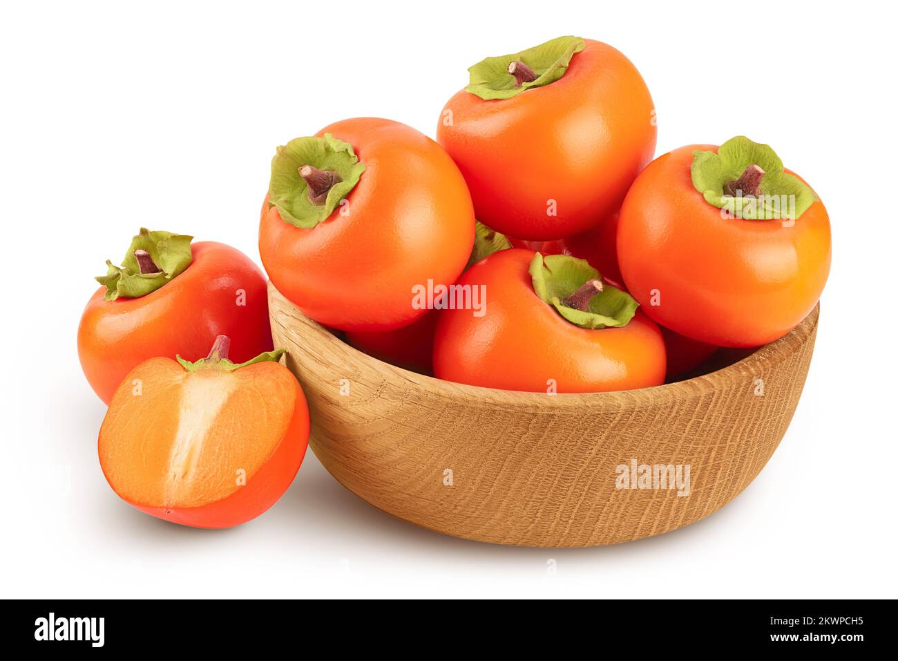 Persimmon fruit in wooden bowl isolated on white background with full ...