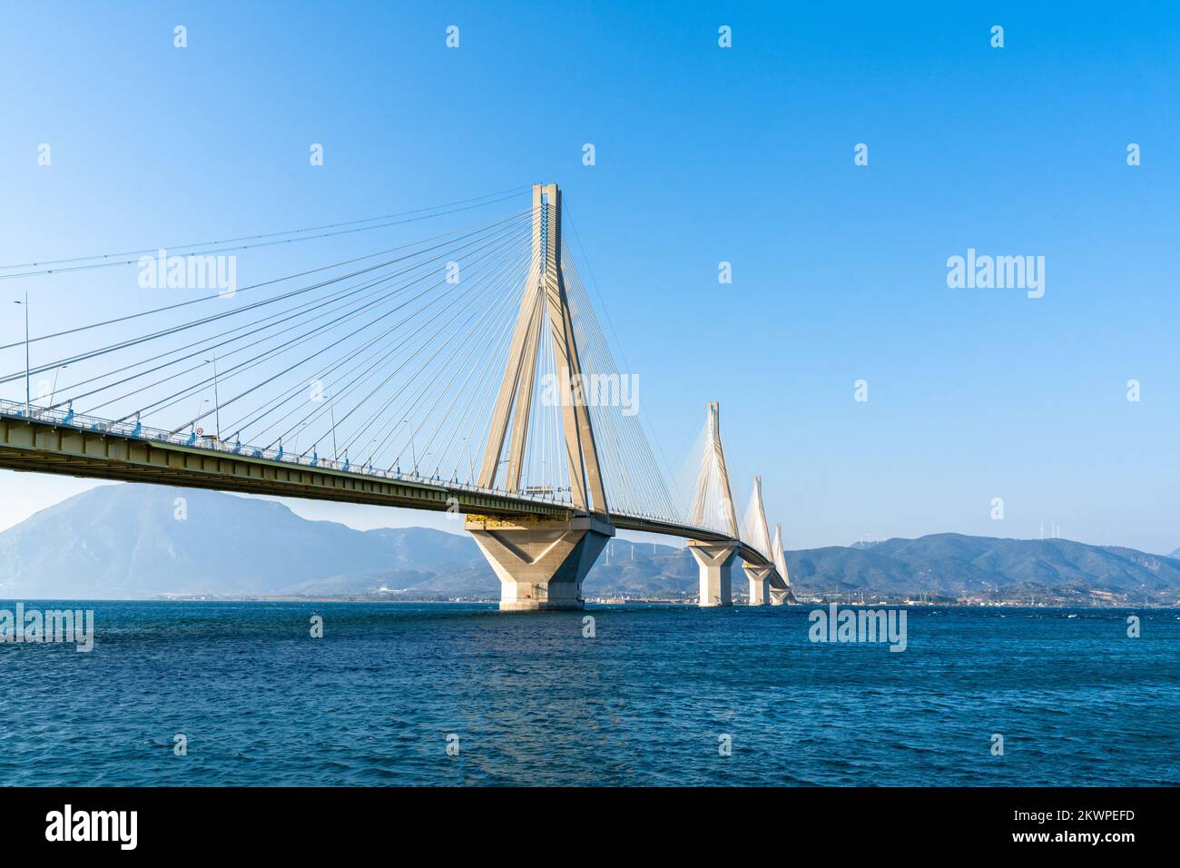A landscape view of the landmark Rio-Antirio Bridge across the Gulf of ...