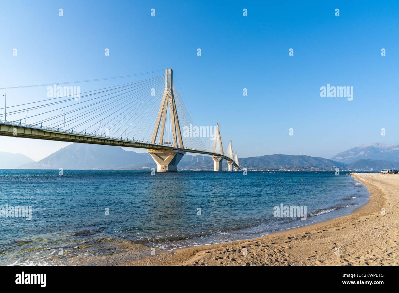 A landscape view of the landmark Rio-Antirio Bridge across the Gulf of ...