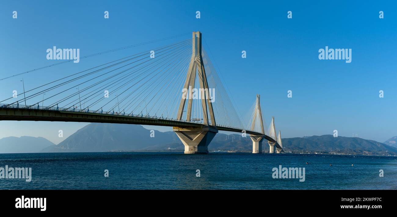 A panorama landscape view of the landmark Rio-Antirio Bridge across the ...