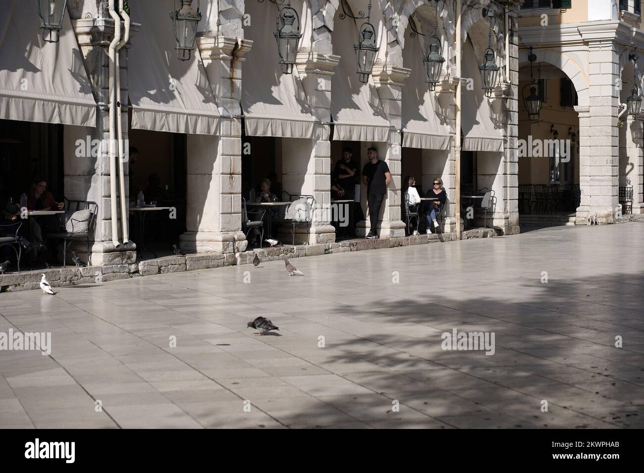 Corfu Island Greece, Liston Square Old Town With People Walkin On ...