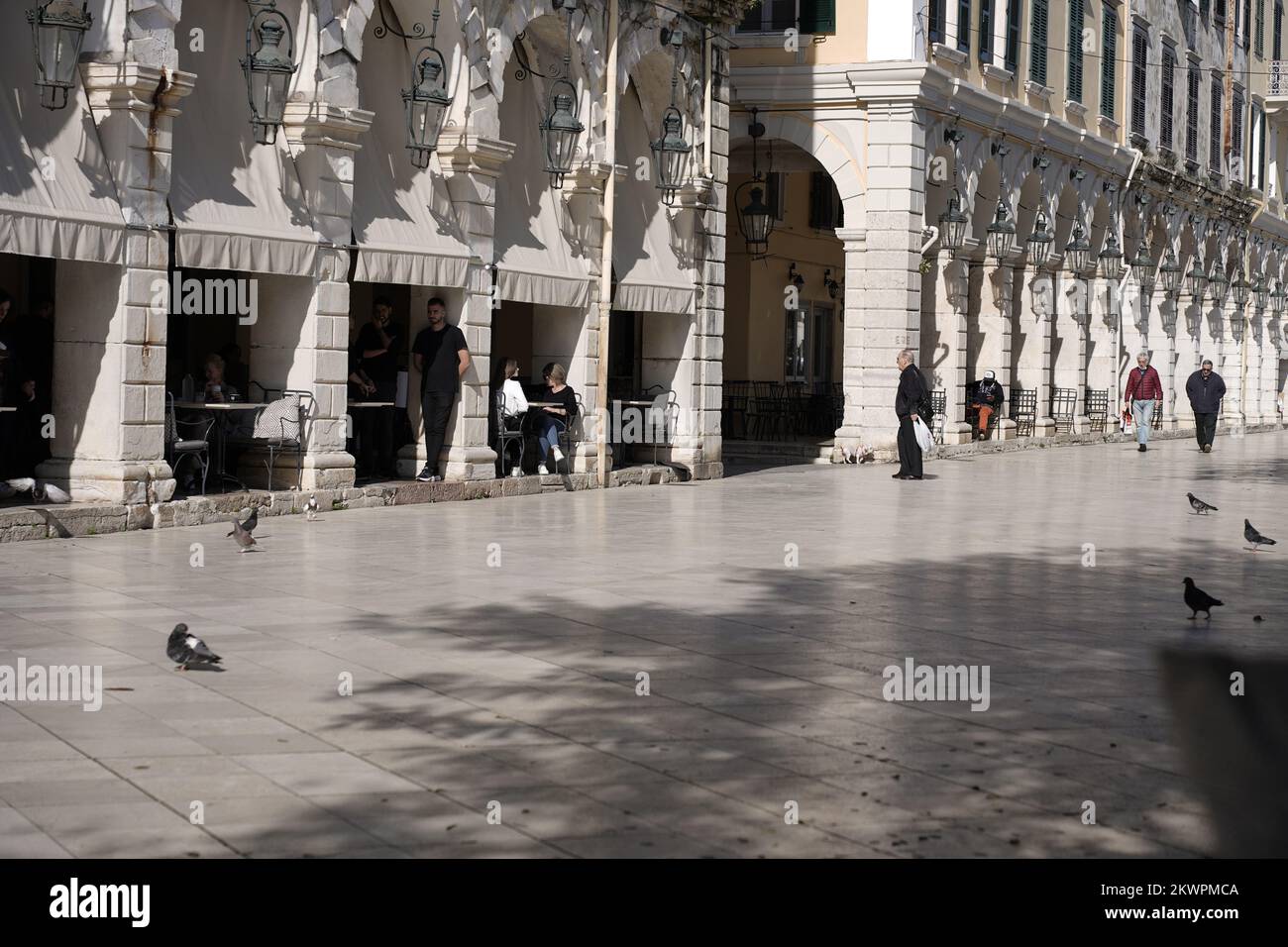 Corfu Island Greece, Liston Square Old Town With People Walkin On ...