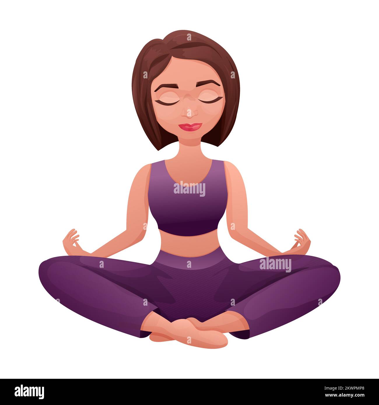 Meditation female character sitting in lotus pose,closed eyes in ...