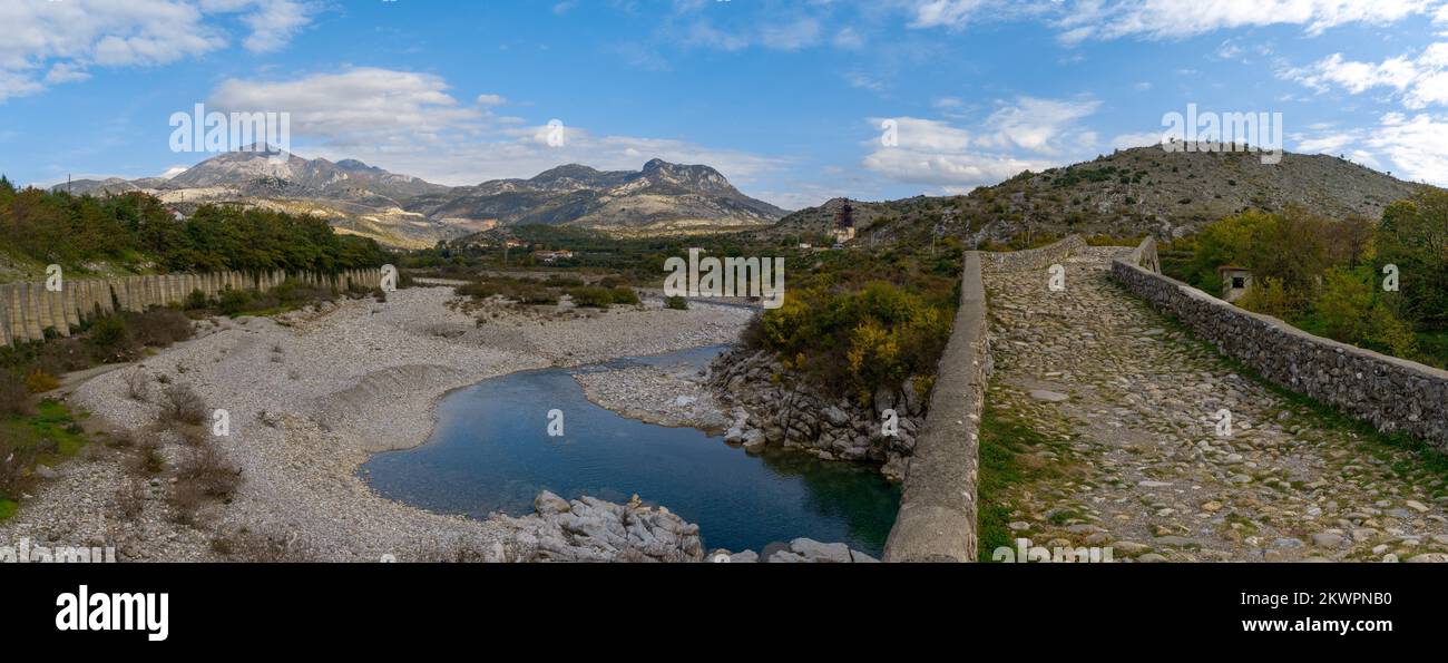 A panorama view of the Ottoman Mesi Bridge near Shkoder in northwestern ...