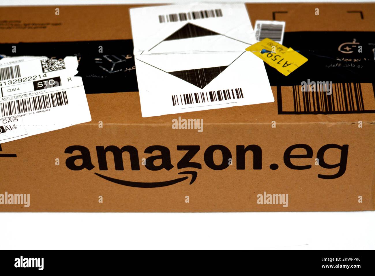 Cairo, Egypt, November 23 2022: Amazon Egypt item delivery carton box ...