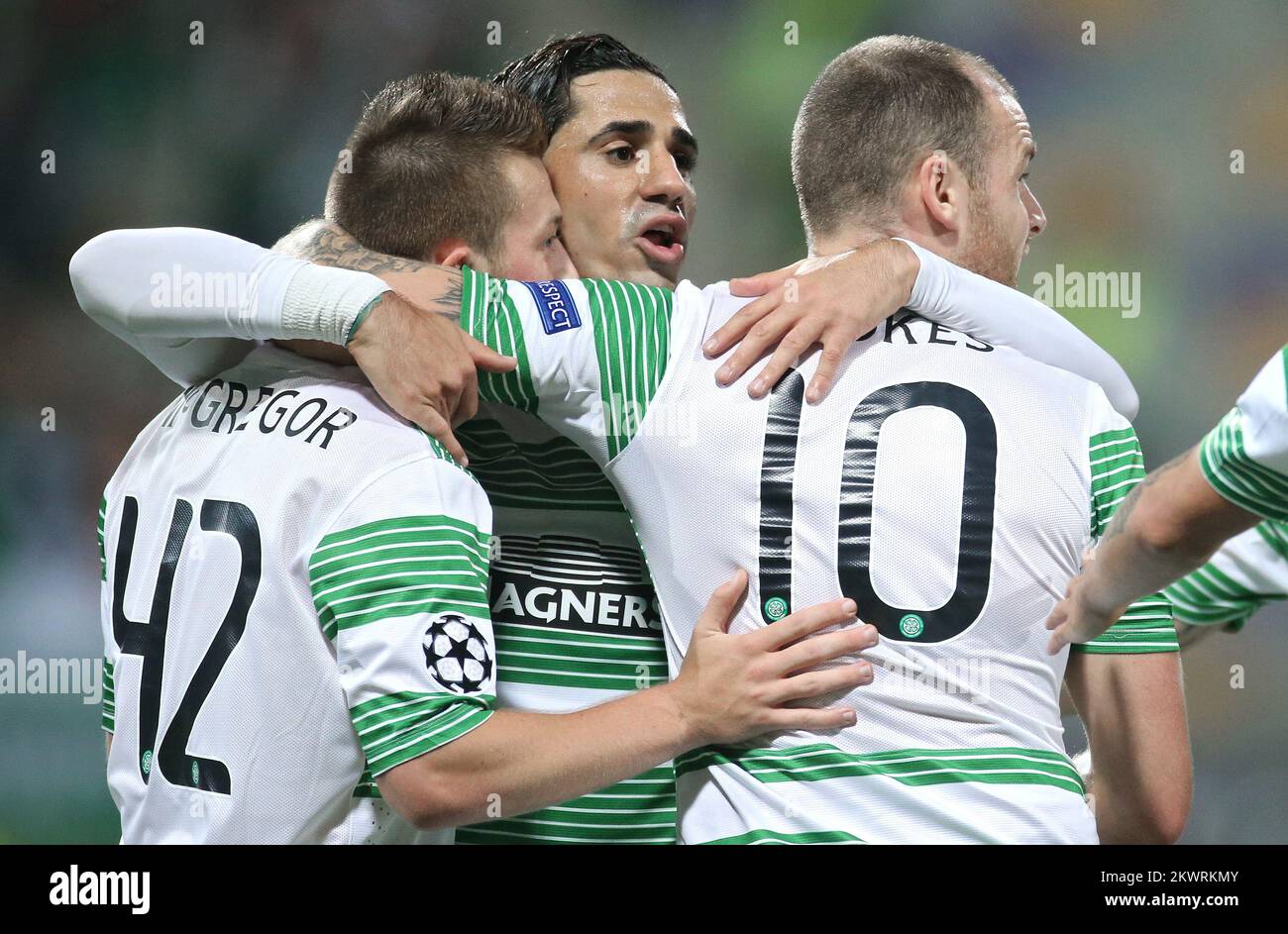Callum McGregor celebrates scoring with Beram Kayal and Anthony Stokes ...