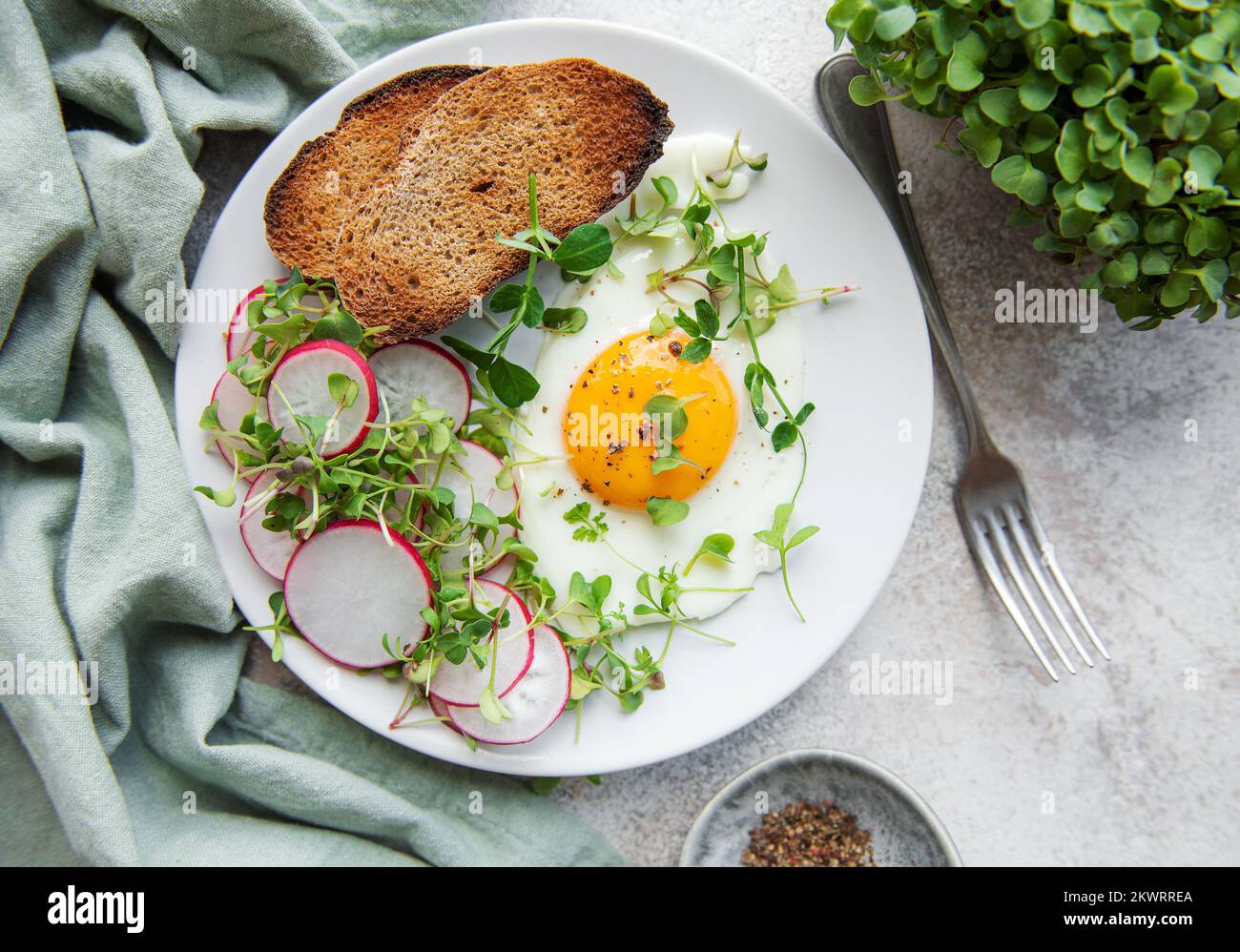 Delicious gourmet Breakfast. Rye bread with fried egg, freshly ground ...