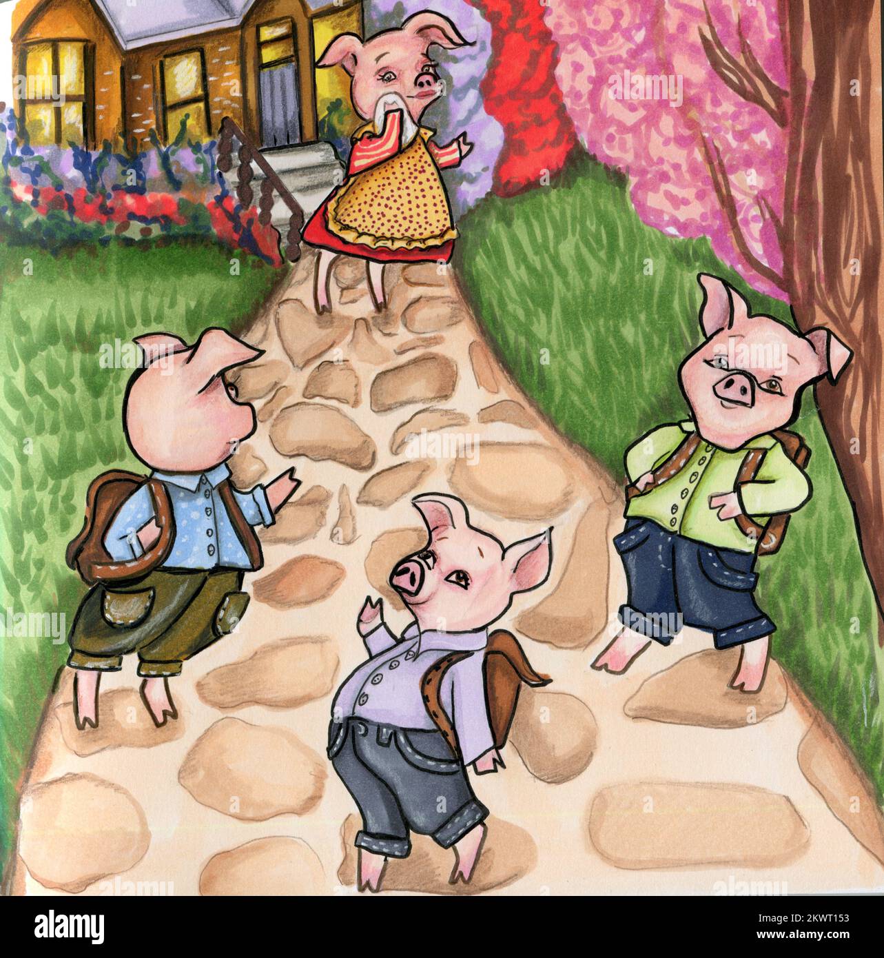 Watercolor hand drawn three pigs. Story. Illustrations and a cover ...