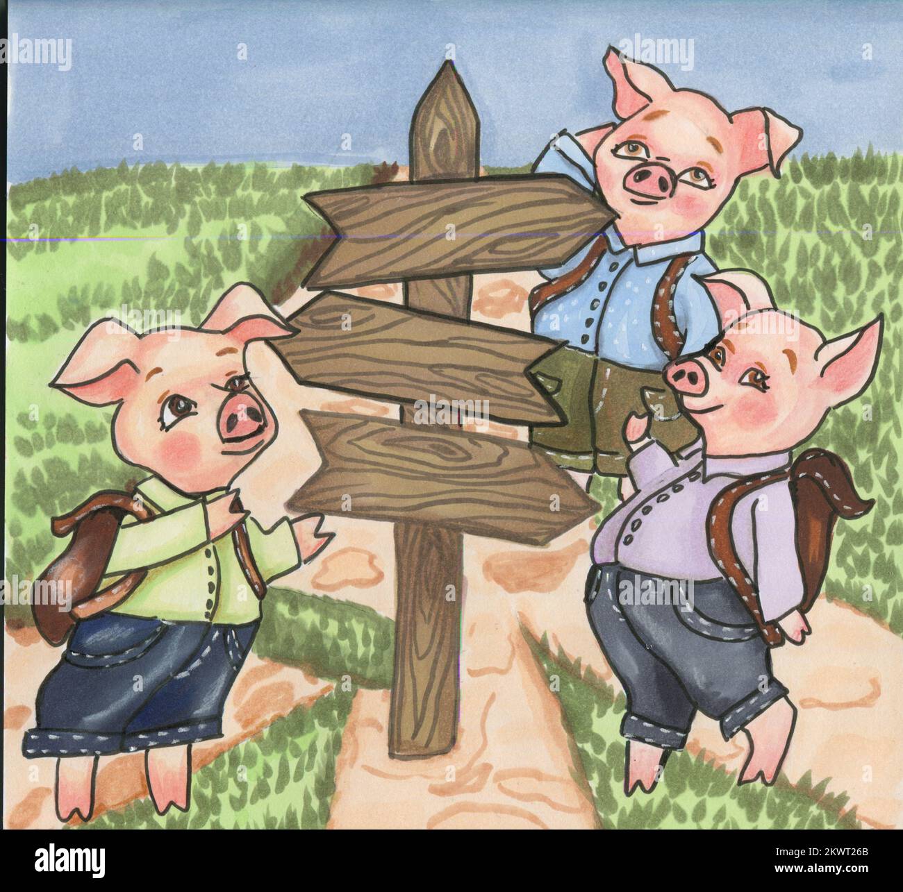 Watercolor hand drawn three pigs. Story. Illustrations and a cover ...
