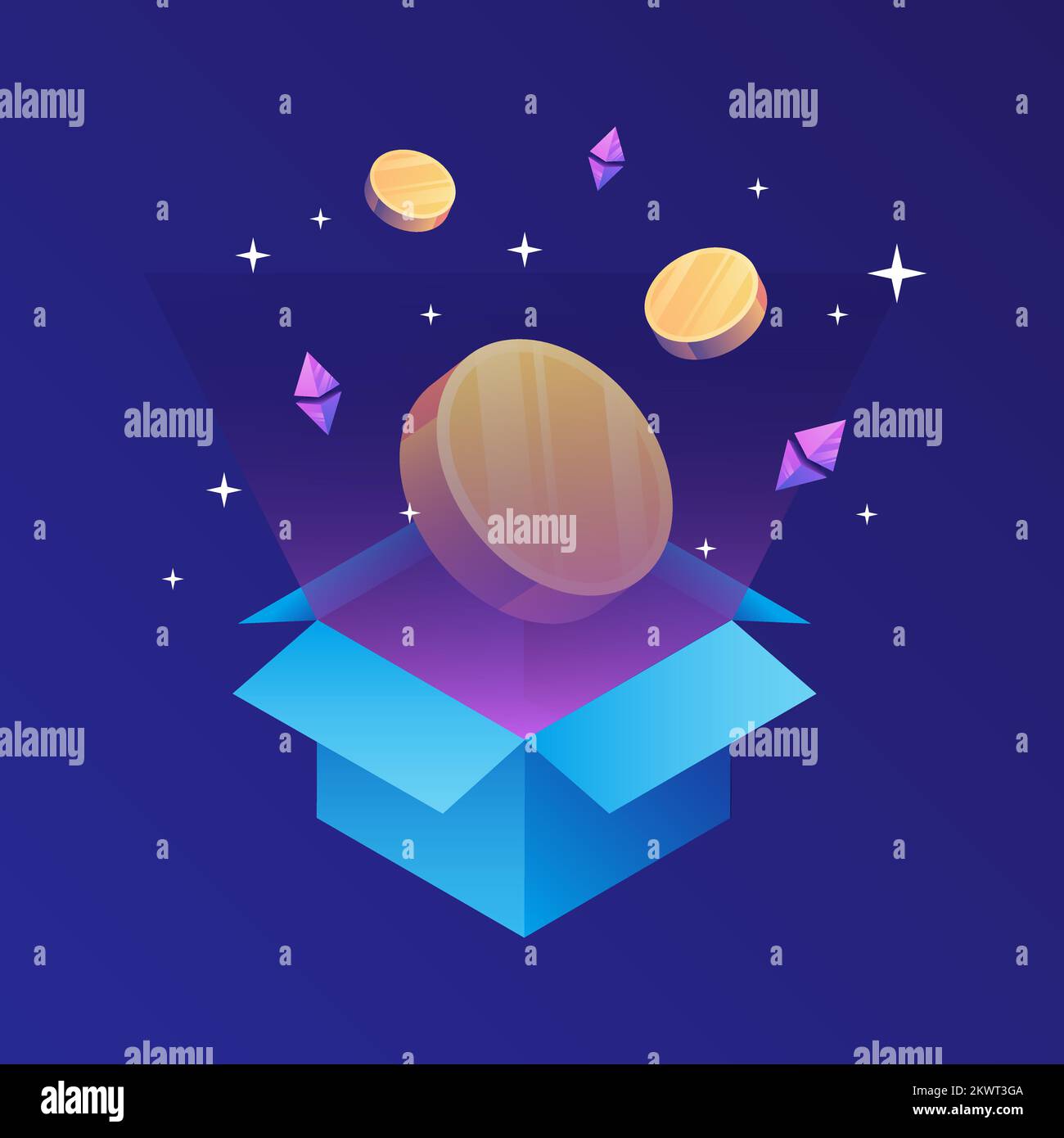 Box with flying coins, cryptocurrency logo. P2E Crypto Games ... Box with flying coins, cryptocurrency logo. P2E Crypto Games ...