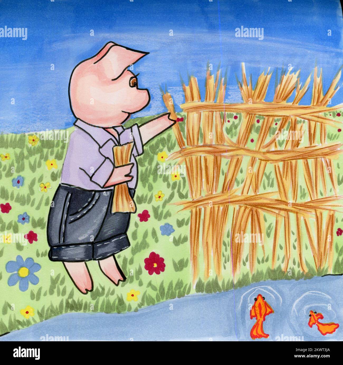 Watercolor hand drawn three pigs. Story. Illustrations and a cover ...