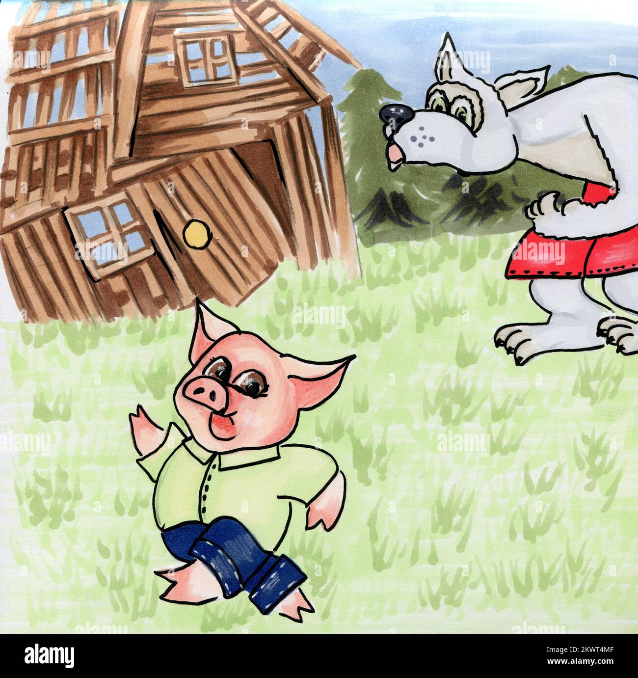 Watercolor hand drawn three pigs. Story. Illustrations and a cover ...