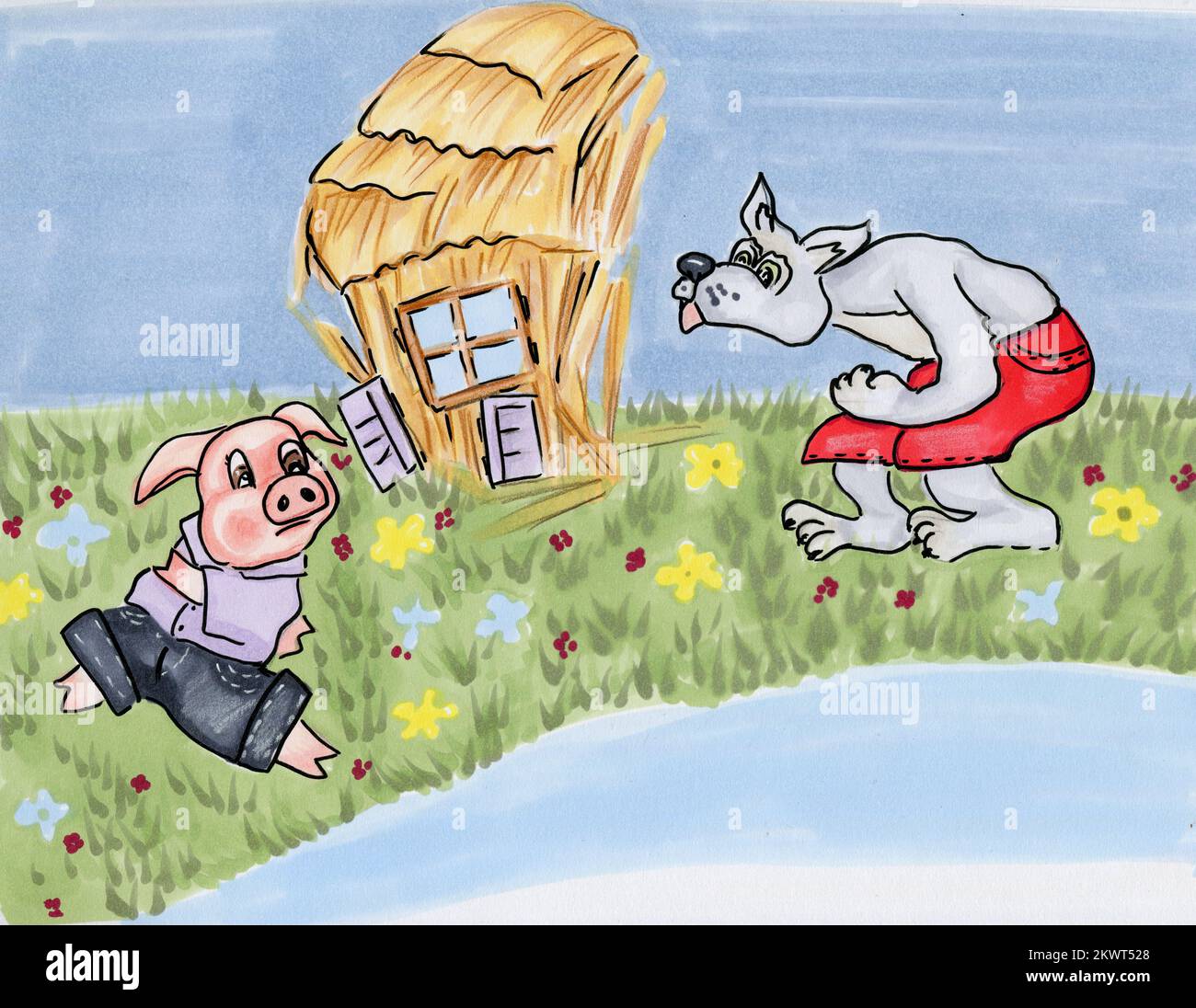 Watercolor hand drawn three pigs. Story. Illustrations and a cover ...