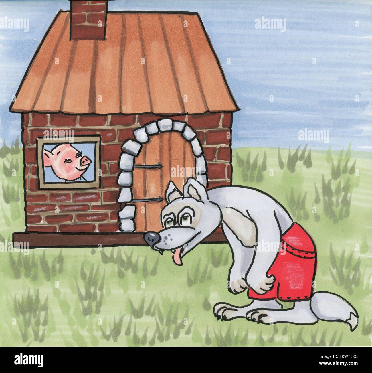 Watercolor hand drawn three pigs. Story. Illustrations and a cover ...