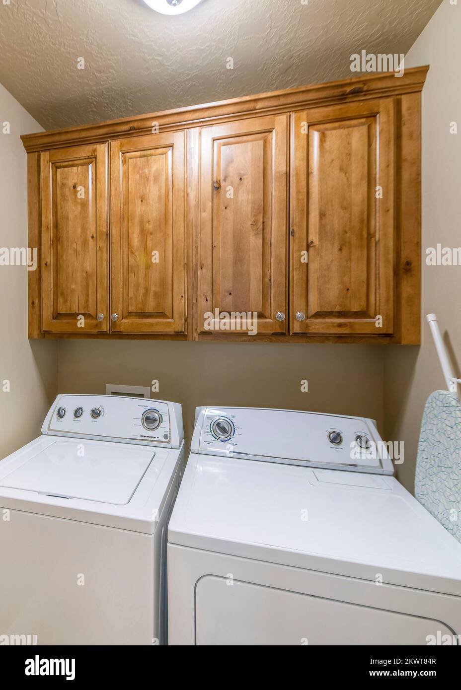 Vertical Small laundry room interior with shelf and decorative ...