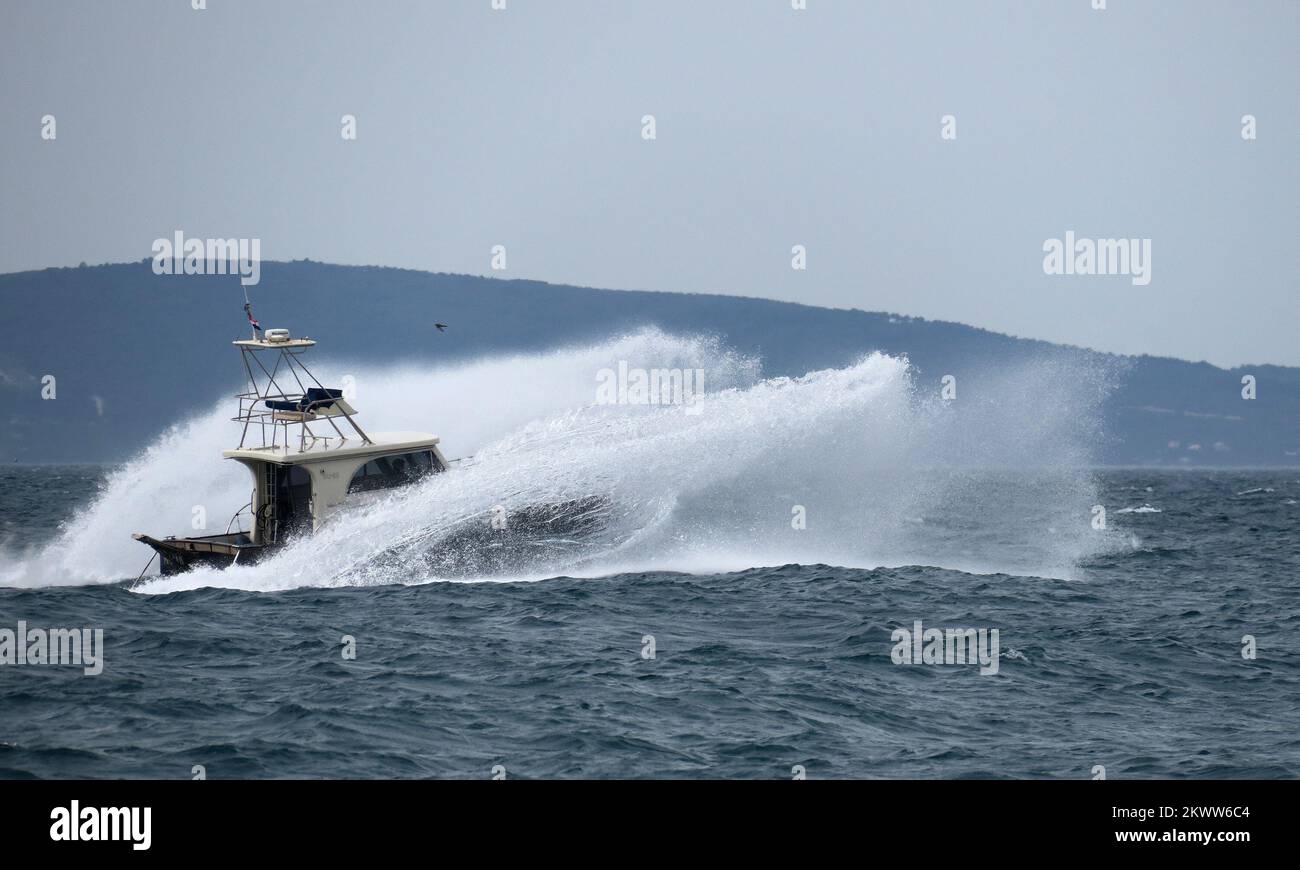 01.04.2016., Split, Croatia - Strong wind rising big waves at the sea ...