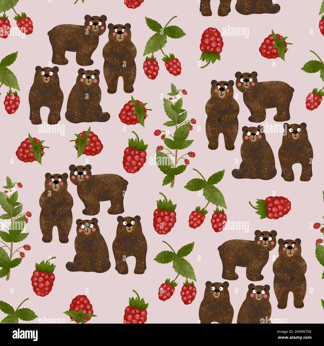 Seamless pattern with cute textured teddy bears and raspberry brunches ...
